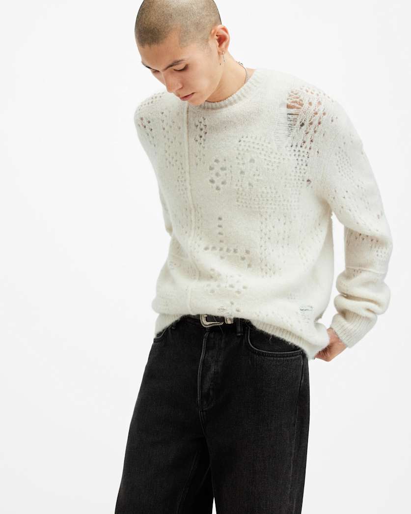 Hadwin Distressed Crew Neck Jumper ECRU WHITE | ALLSAINTS